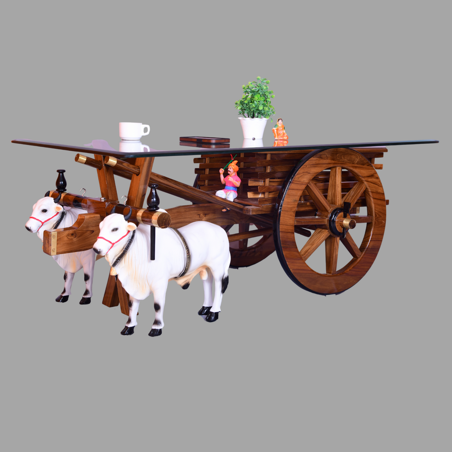 Handcrafted Teak Wood Bullock Cart Teapoy Set with Bulls - Rustic Brow ...
